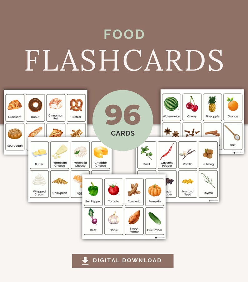 96 Food Flashcards Printable PDF Montessori Cards for Kids Preschool ...