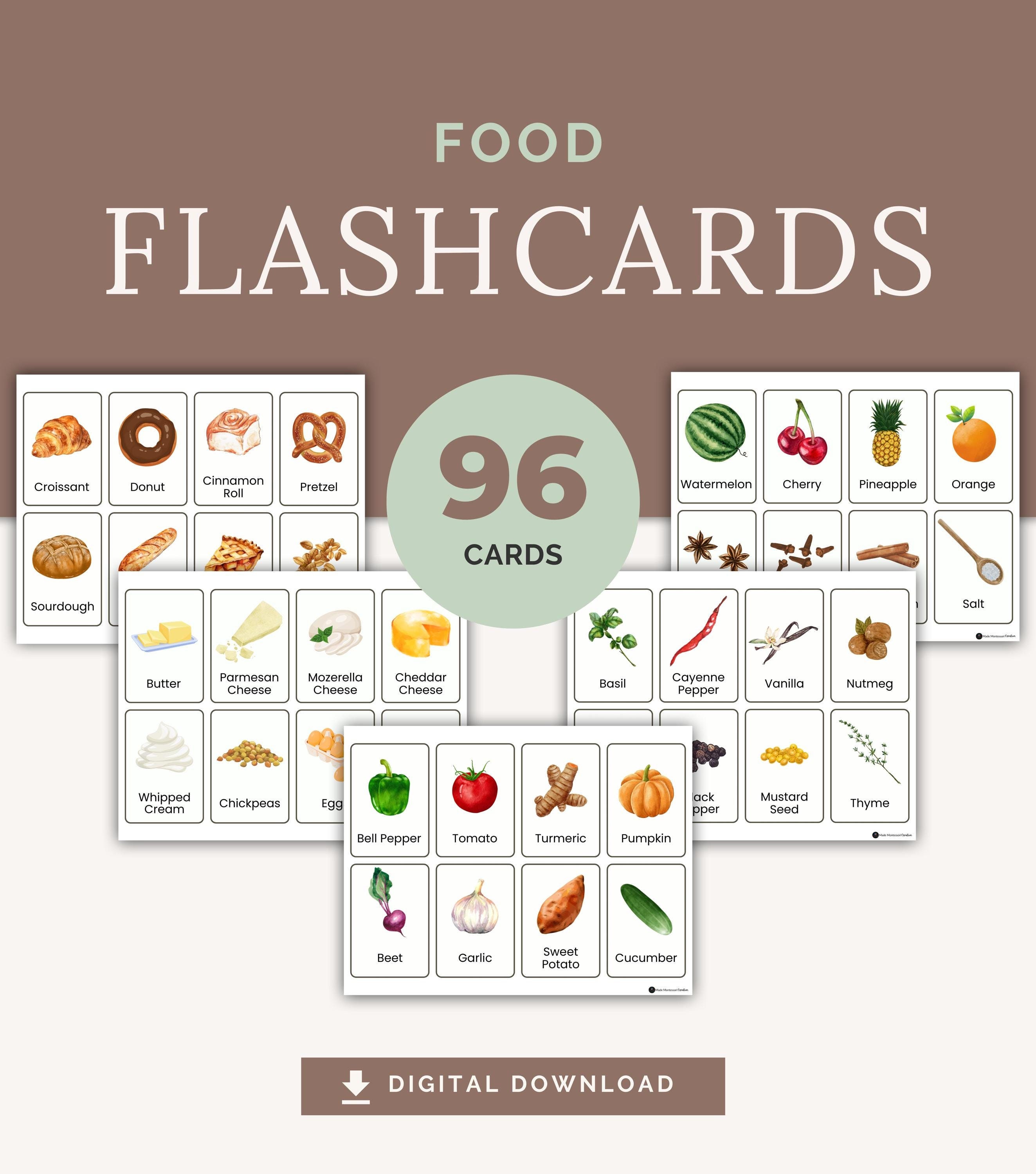 96 Food Flashcards Printable PDF Montessori Cards for Kids Preschool ...