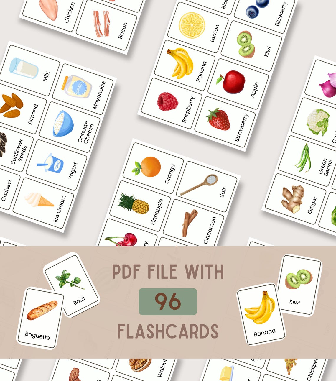 96 Food Flashcards Printable PDF Montessori Cards for Kids Preschool ...