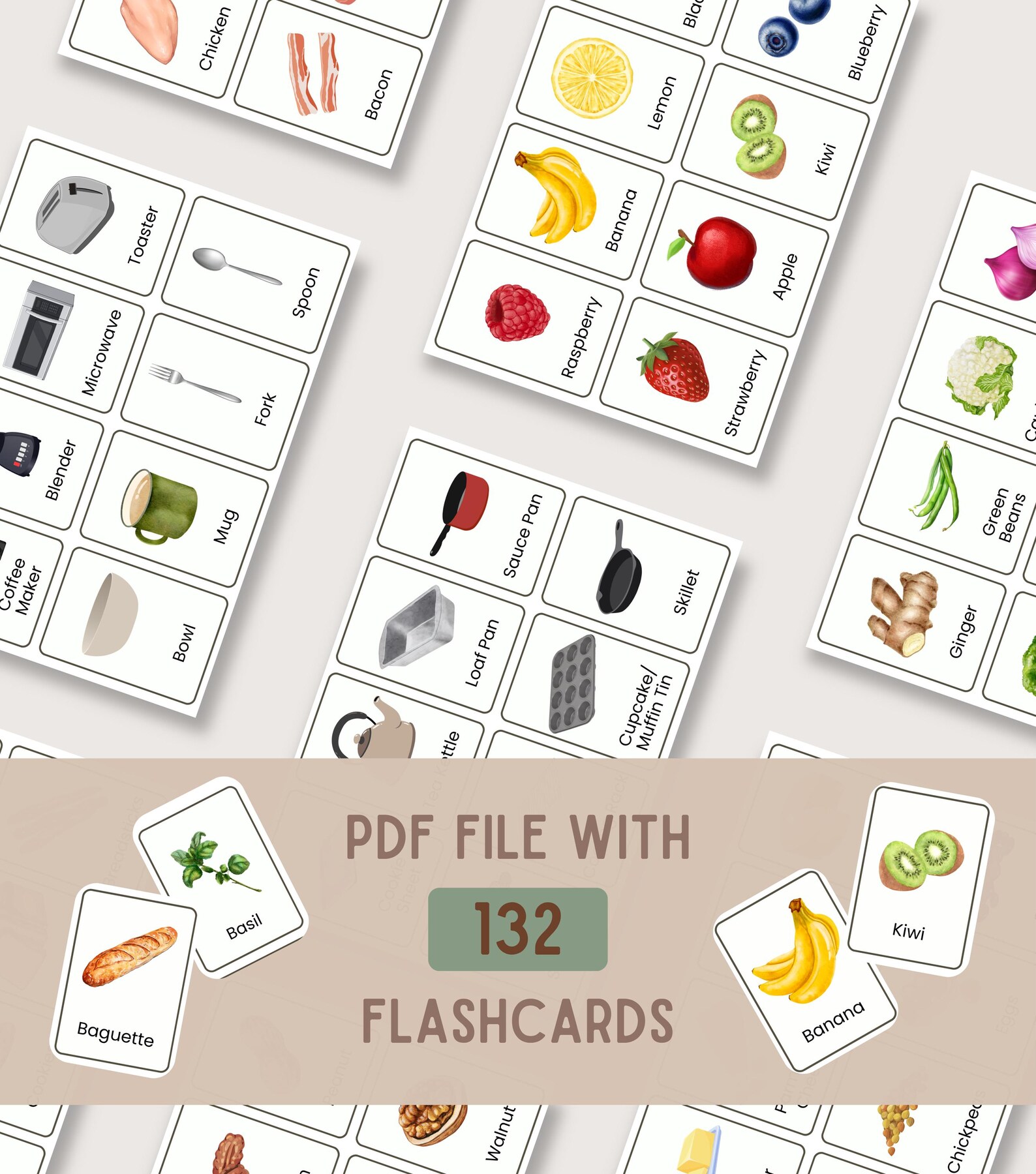 132 Food and Around the Kitchen Flashcards Printable PDF Montessori ...