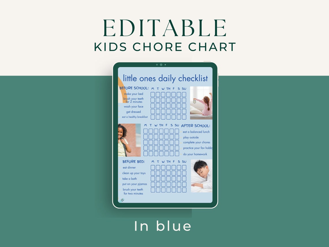 Editable Chore Chart for Kids | Blue | Daily Weekly Schedule | Chore ...