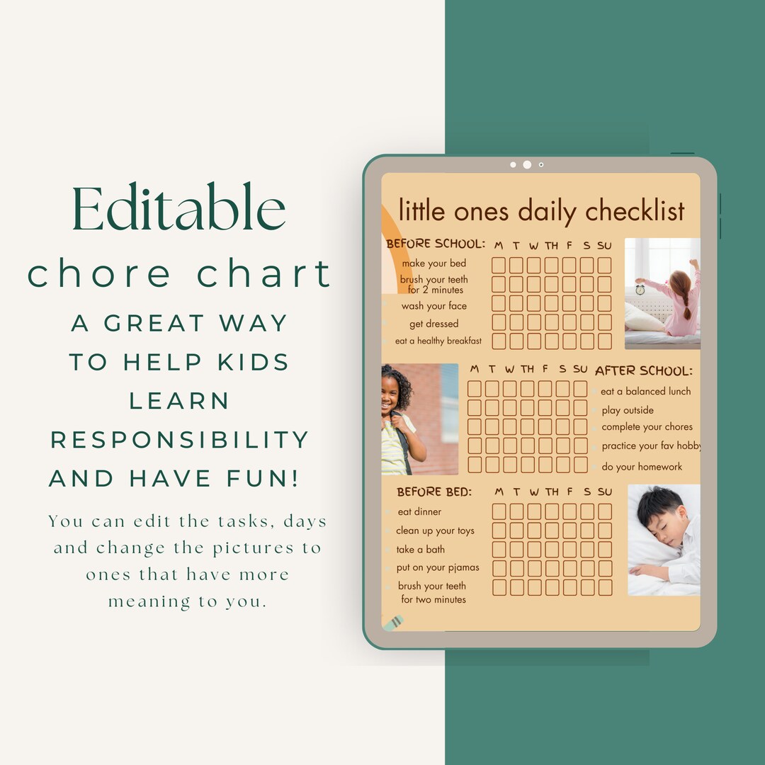 Editable Chore Chart for Kids | Gold | Daily Weekly Schedule | Chore ...