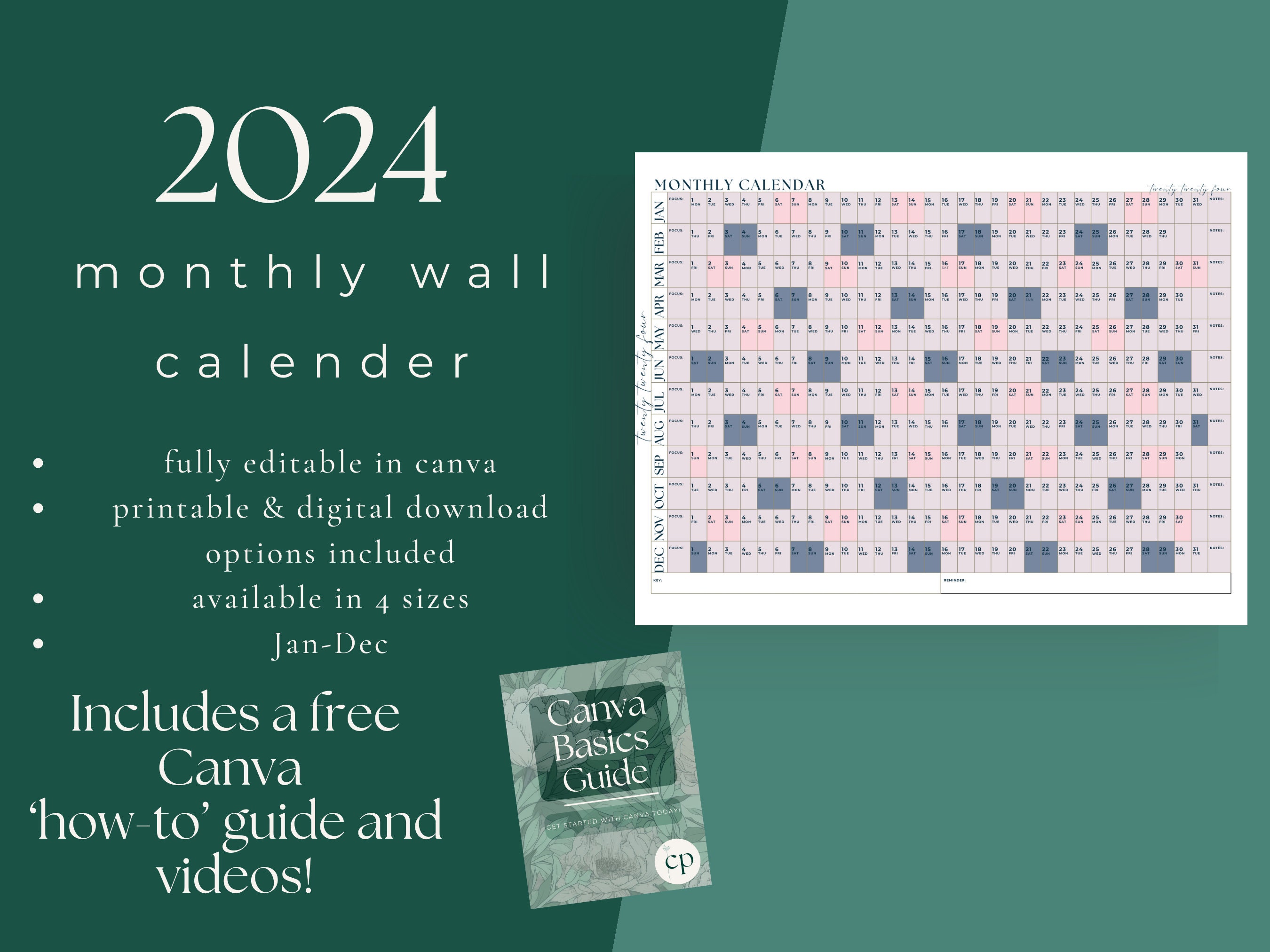 2024 Monthly 2023-2024 Academic Planner Calendar in Landscape| Pink ...