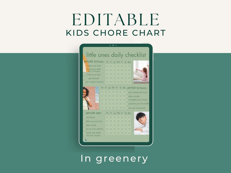 Editable Chore Chart for Kids | Green | Daily Weekly Schedule | Chore ...