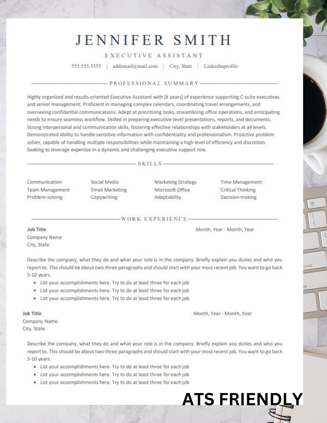 Executive Assistant Resume Template - ATS Friendly, Simple - Etsy