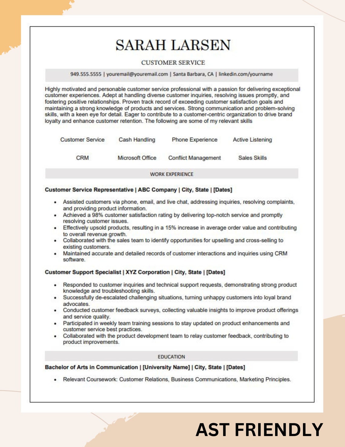 Entry Level Resume Template Customer Service AST - Etsy