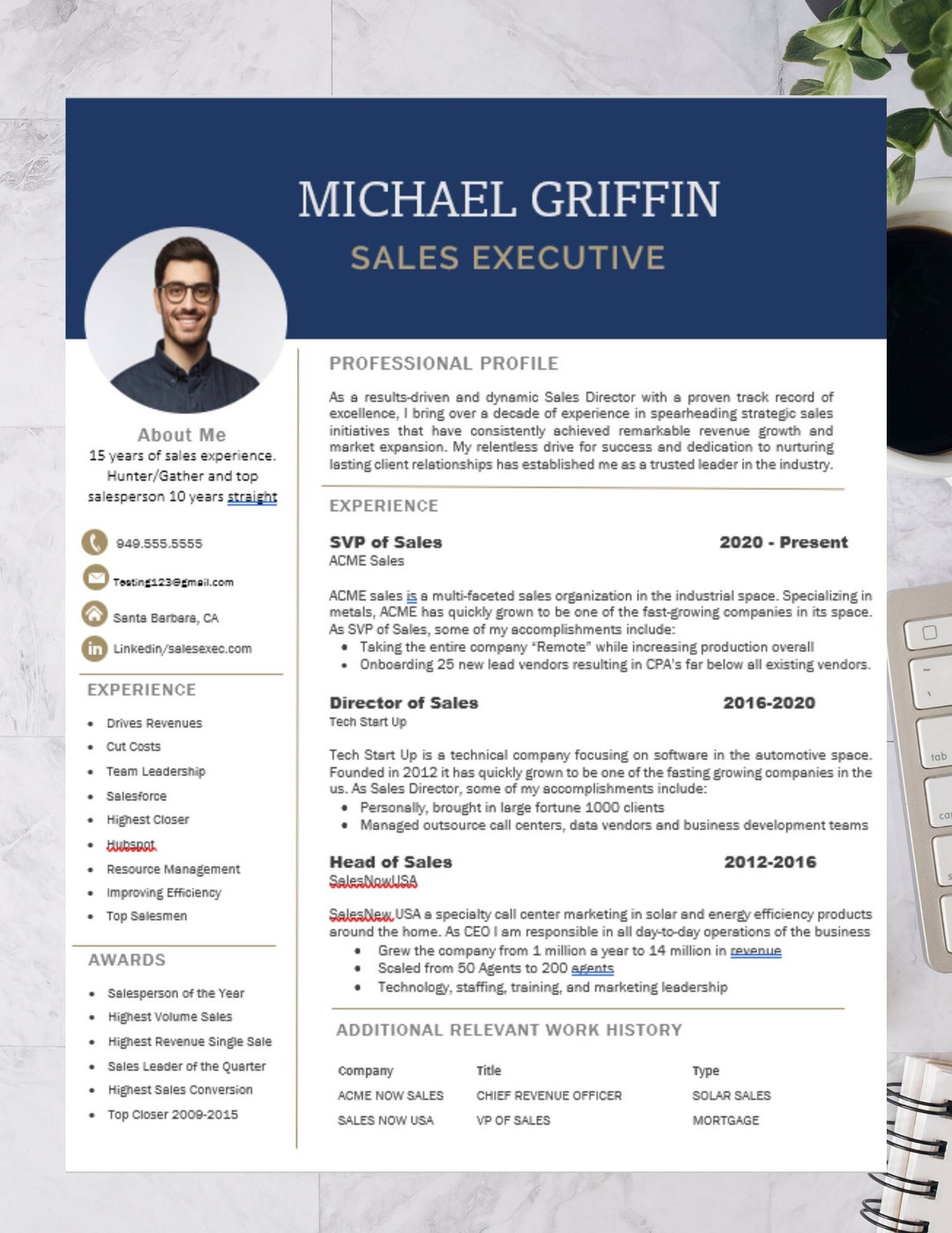 Professional Sales Executive Resume Template With Headshot and Ats ...