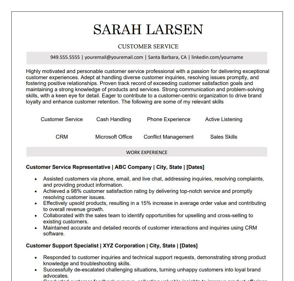 Entry Level Resume Template Customer Service AST - Etsy