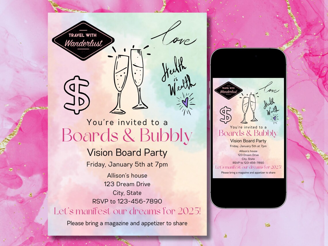 Boards and Bubbly Invite, Vision Board Party Invitation, Manifestation ...