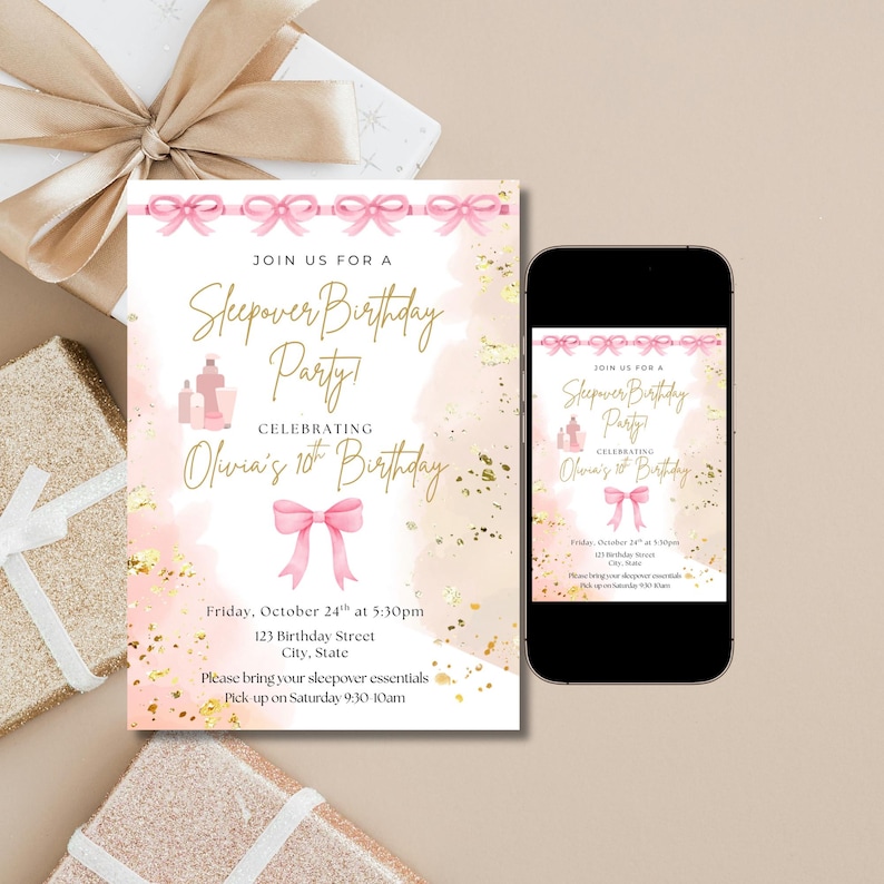 Pink Bow Sleepover Birthday Party Invitation, Preppy Pink Bow Coquette ...