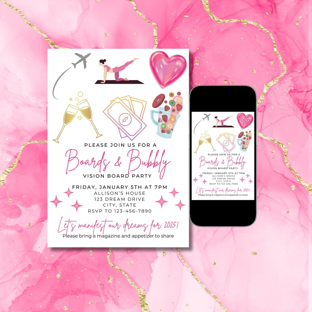 Boards and Bubbly Invite, Vision Board Party Invitation, Manifestation ...