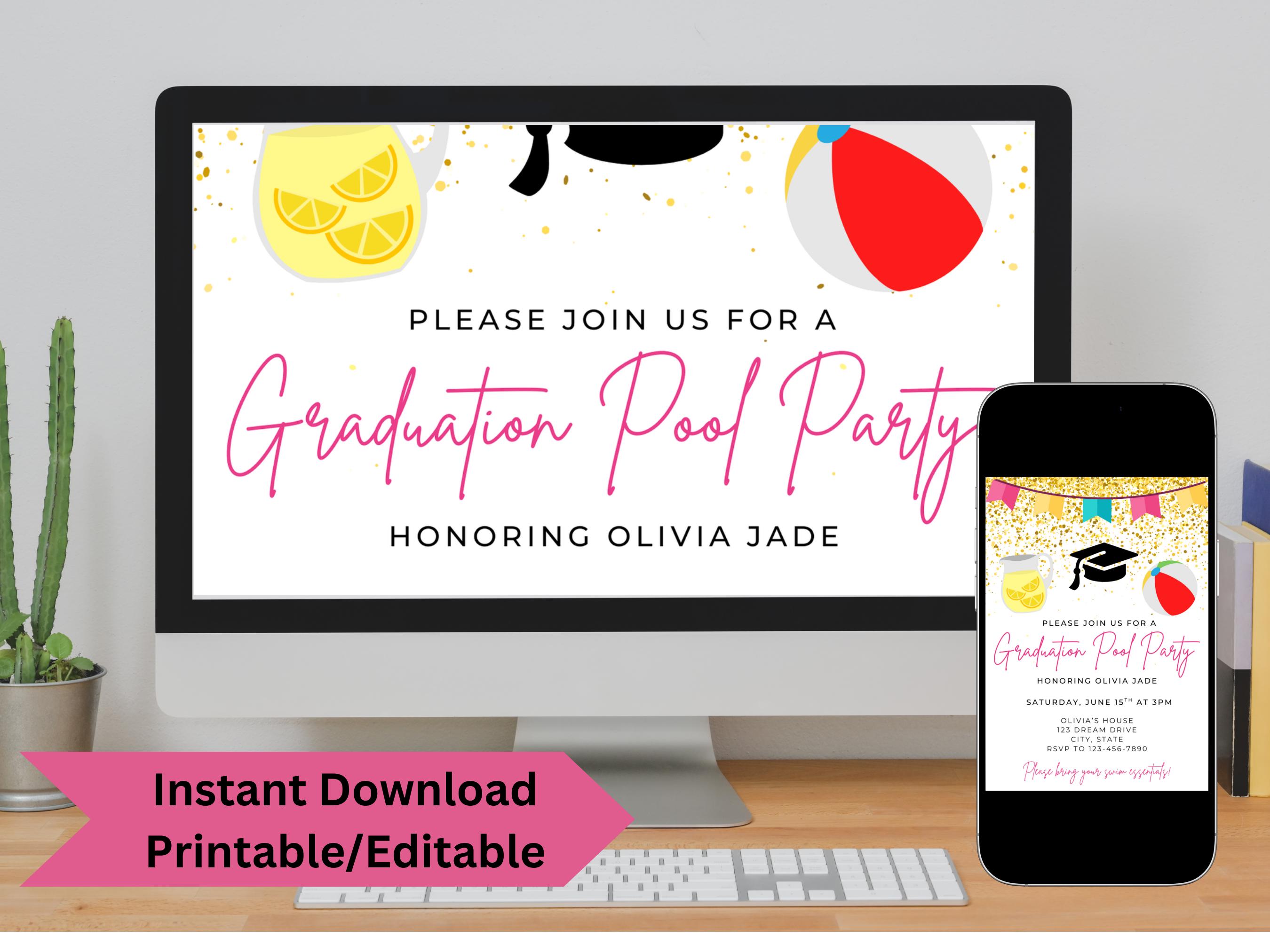 Graduation Pool Party Invite, Grad Party, Swim Party, College High ...