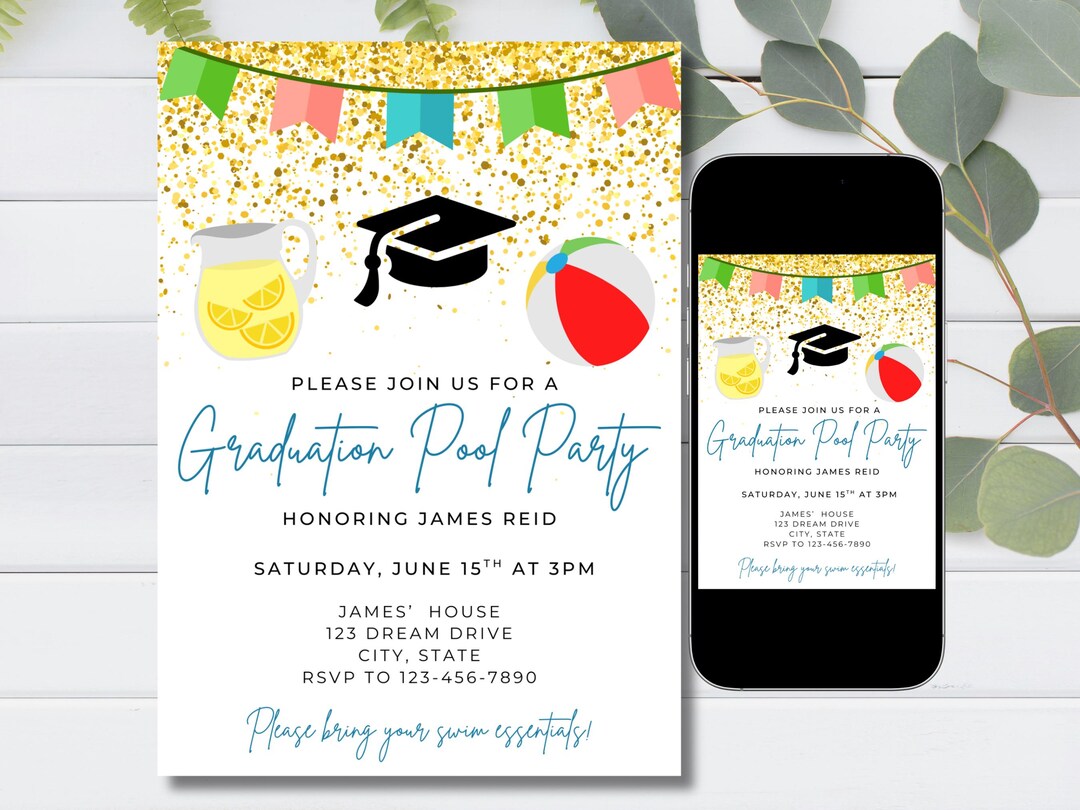 Graduation Pool Party Invite, Grad Party, Swim Party, College High ...
