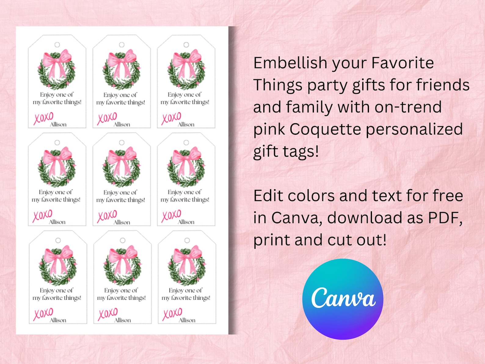 Favorite Things Party Gift Tag, Pink Christmas, Instant Download ...