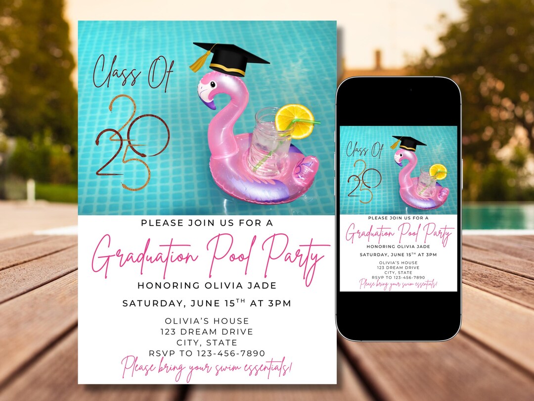 Graduation Pool Party Invite, Grad Party, Swim Party, College High ...