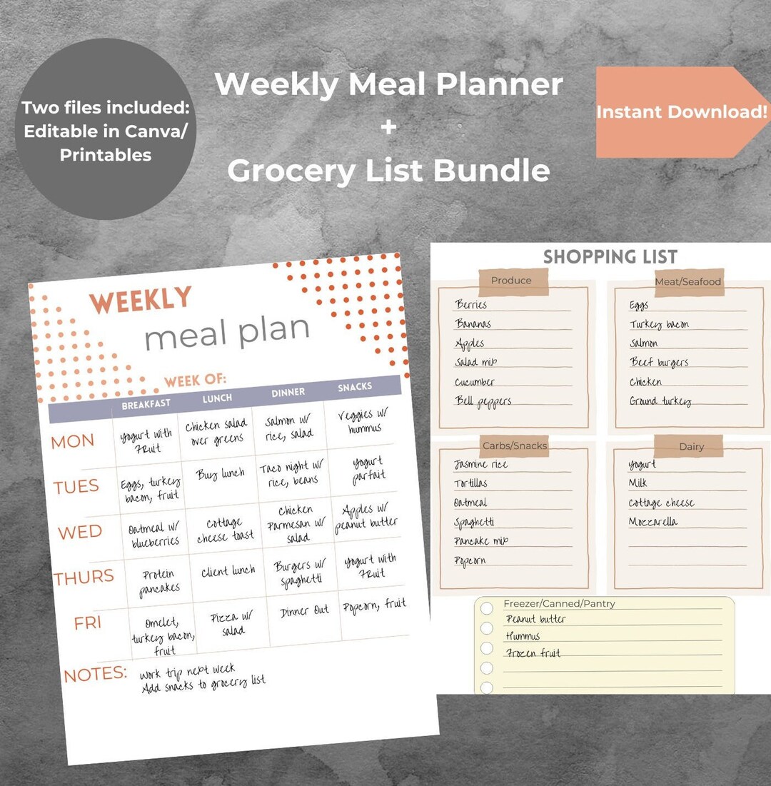 Weekly Meal Planner, Grocery List, Instant Download, Printable, College ...