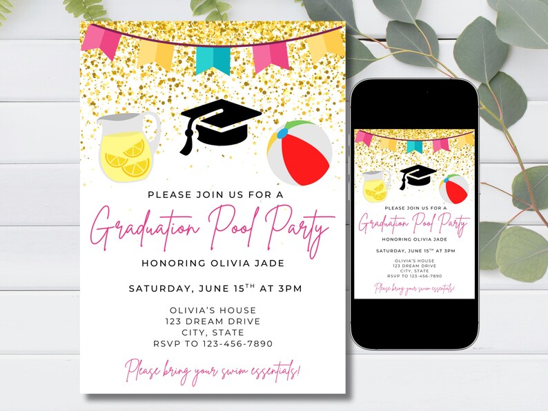 Graduation Pool Party Invite, Grad Party, Swim Party, College High ...