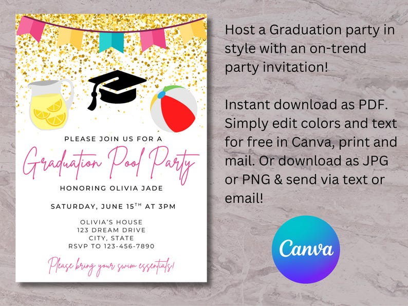 Graduation Pool Party Invite, Grad Party, Swim Party, College High ...