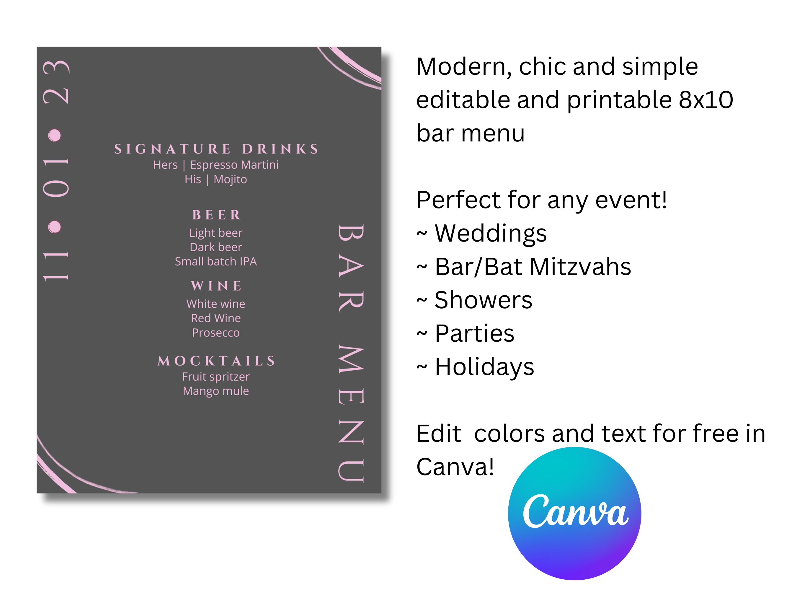 Bar Menu Template Bar Menu Sign Wedding Bar Menu Wedding - Etsy