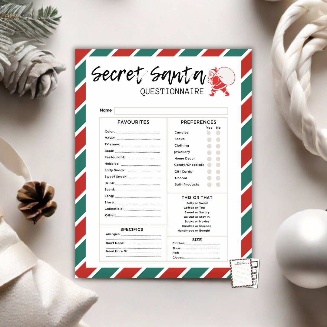 Secret Santa Questionnaire, Christmas Party, Work Secret Santa, Secret ...
