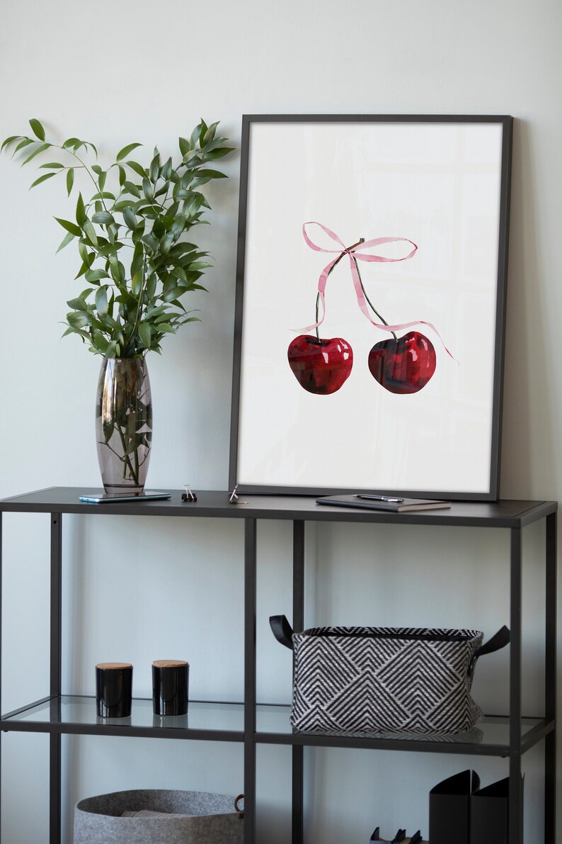 Cherry Wall Art Printable, Printable Feminine Poster, Coquette Pink Bow Soft Girl Bedroom Decor ...