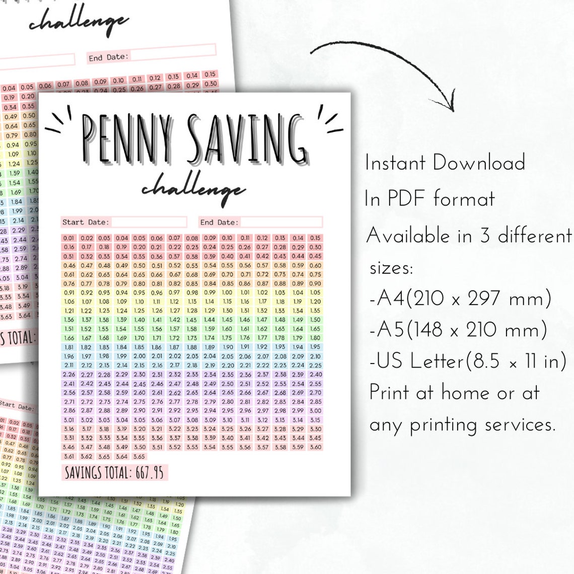 1p Saving Challenge, One Penny Saving Challenge Printable, A4, A5 ...
