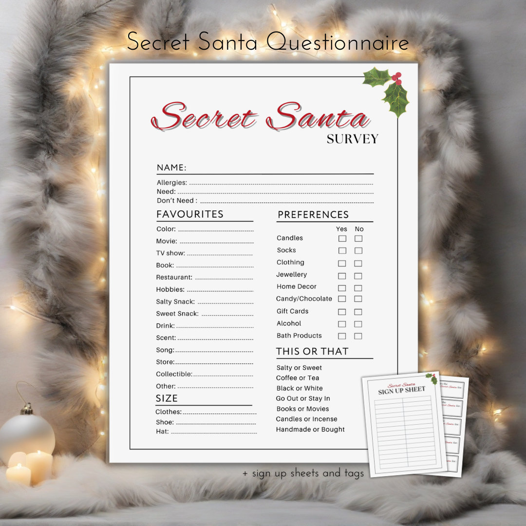 Secret Santa Questionnaire, Christmas Party, Work Secret Santa, Secret ...