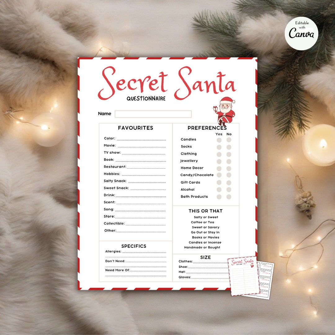 Secret Santa Editable Questionnaire, Christmas Party, Work Secret Santa ...