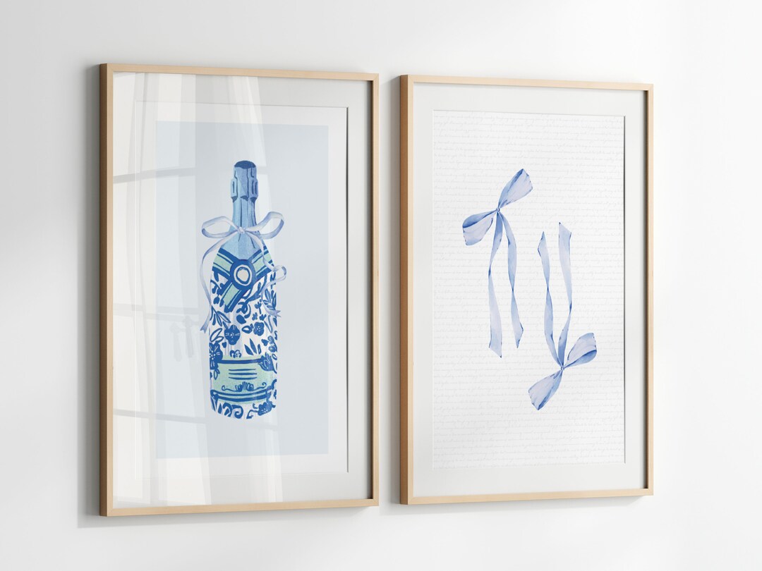 Trendy Blue Bows Champagne Wall Art Set of 2, Printable, Preppy Poster ...