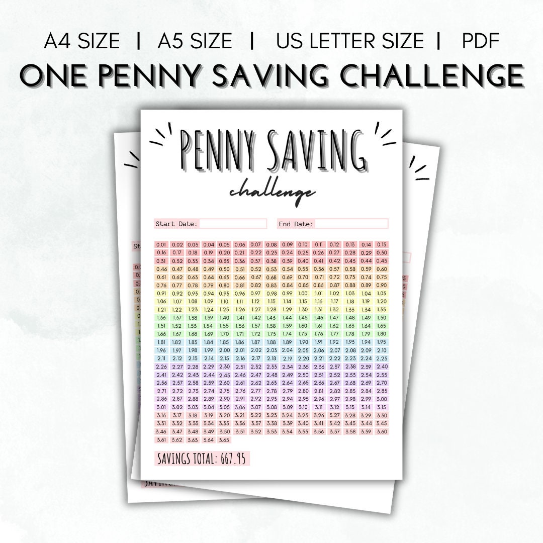 1p Saving Challenge, One Penny Saving Challenge Printable, A4, A5 ...