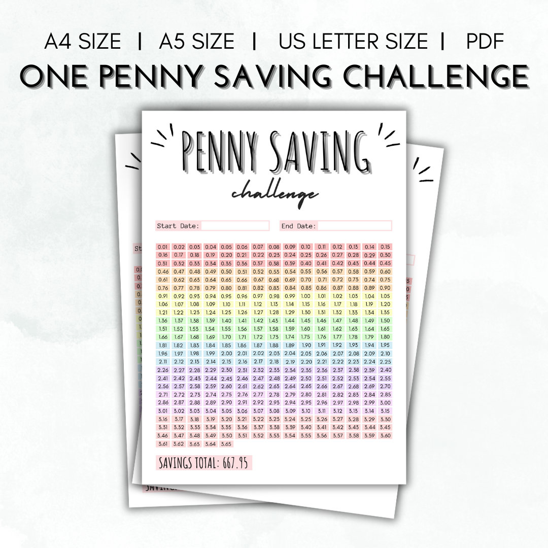 1p Saving Challenge, One Penny Saving Challenge Printable, A4, A5, Money Saving Challenge ...