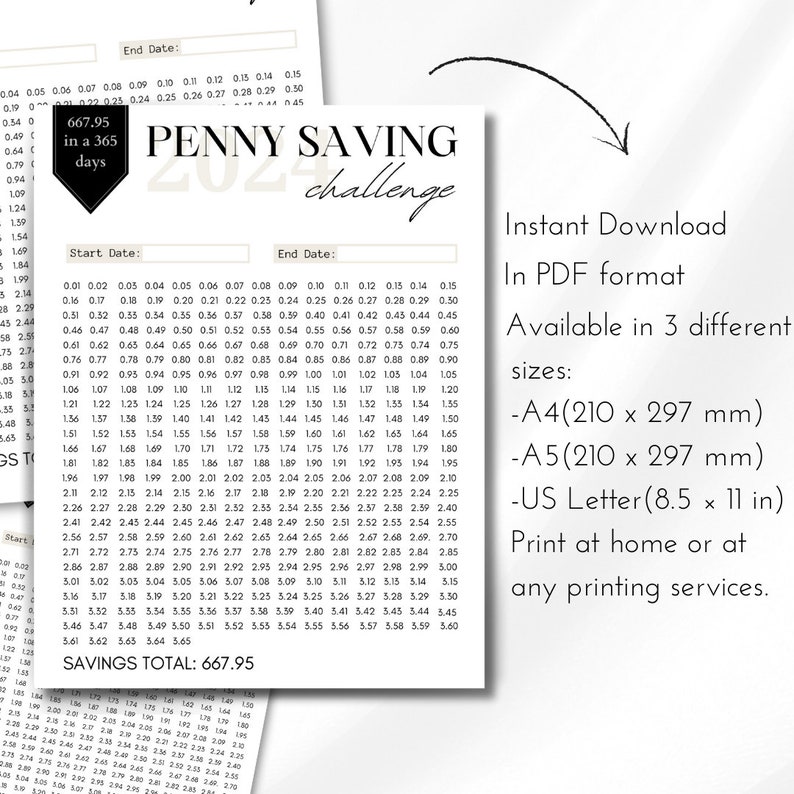 1p Saving Challenge, One Penny Saving Challenge Printable, A4, A5 ...