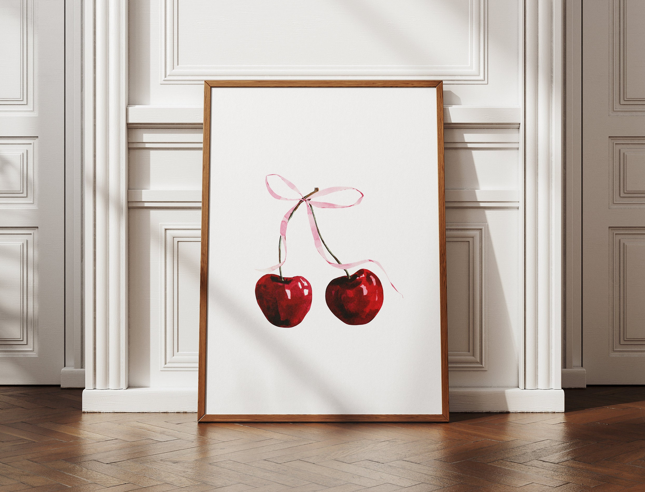 Cherry Wall Art Printable, Printable Feminine Poster, Coquette Pink Bow Soft Girl Bedroom Decor ...