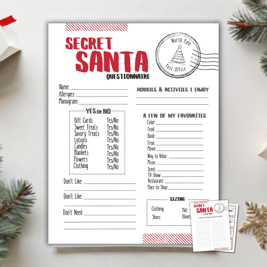 Secret Santa Questionnaire, Christmas Party, Work Secret Santa, Secret ...