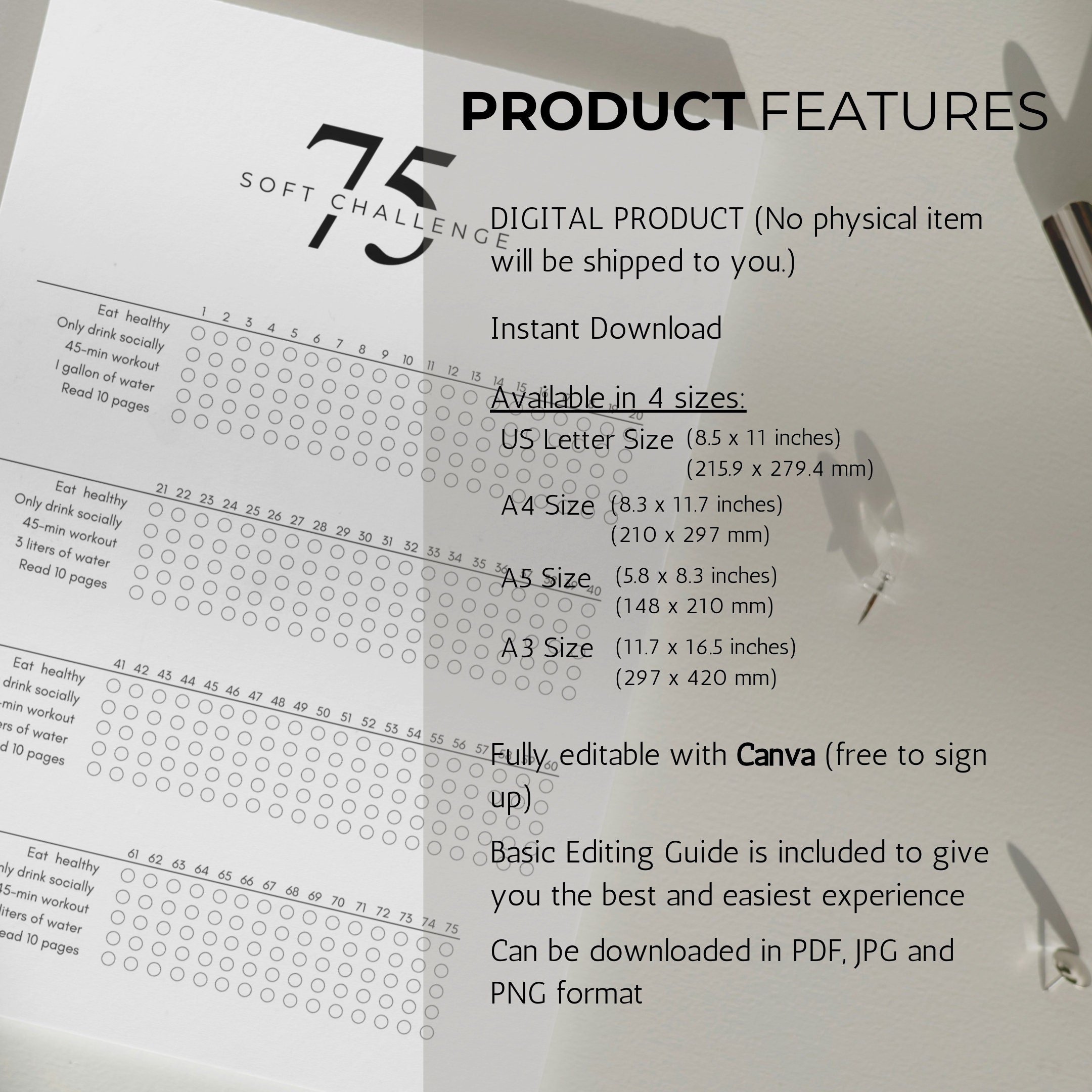 Editable 75 Soft Challenge Tracker Printable, Lifestyle, Size A3, A4 ...