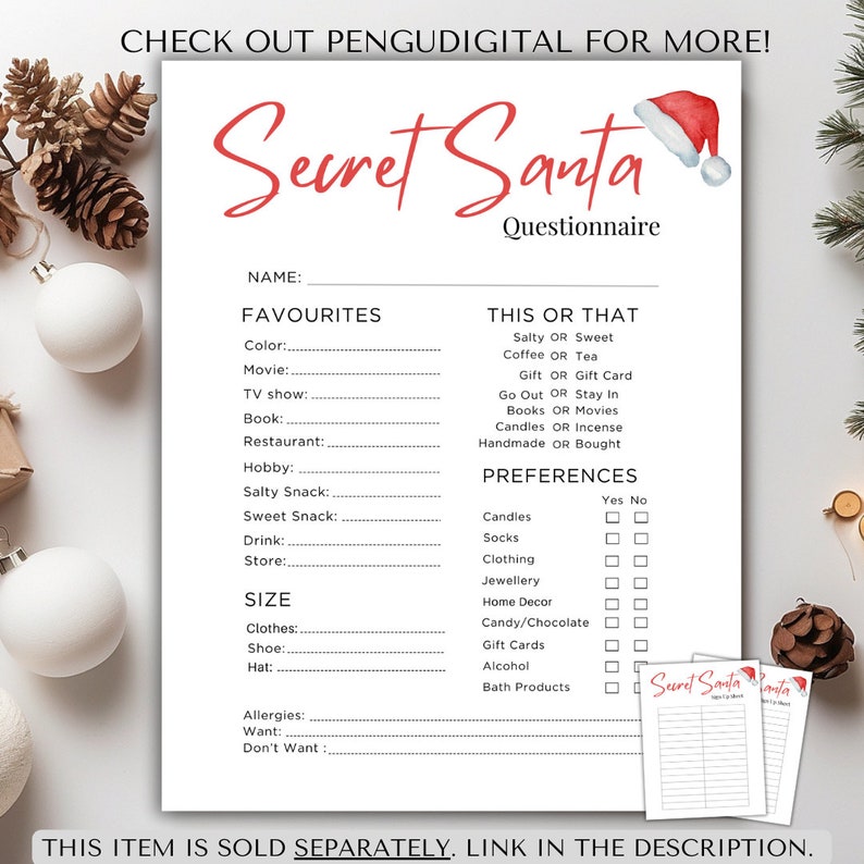 Secret Santa Questionnaire, Christmas Party, Work Secret Santa, Secret ...