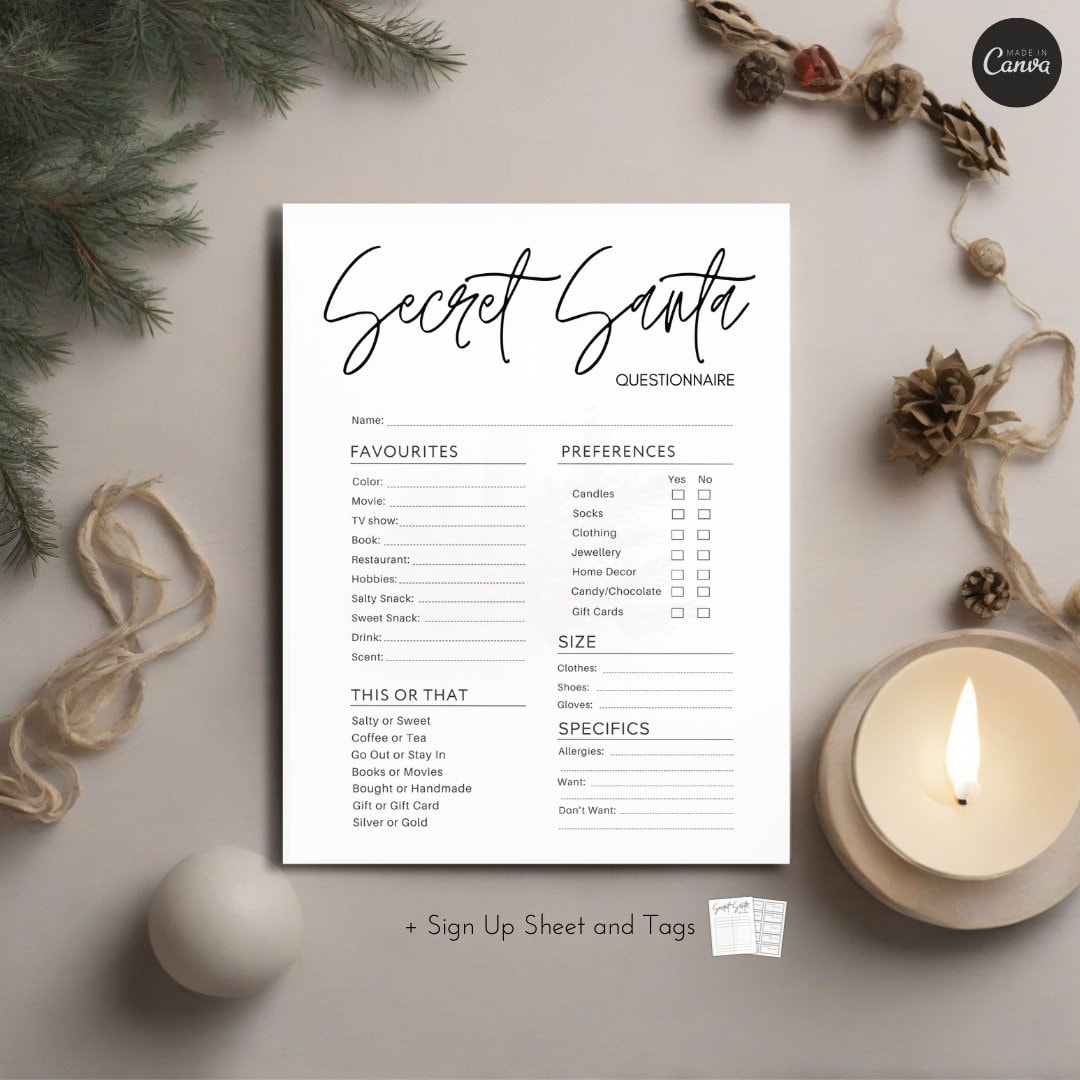 Secret Santa Editable Questionnaire, Christmas Party, Work Secret Santa ...