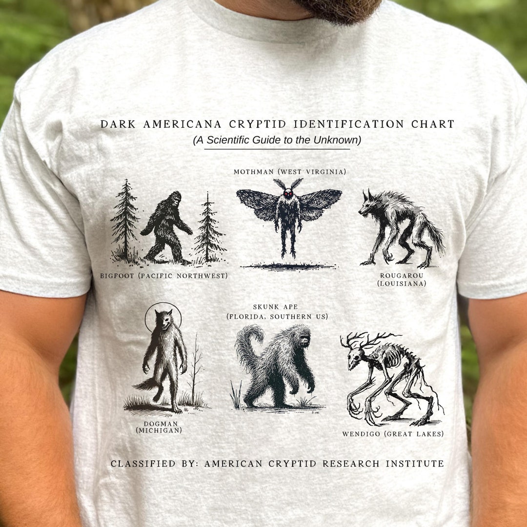 Dark Americana Cryptid Identification Chart T-shirt | Paranormal Folklore Tee | Bigfoot, Mothman ...