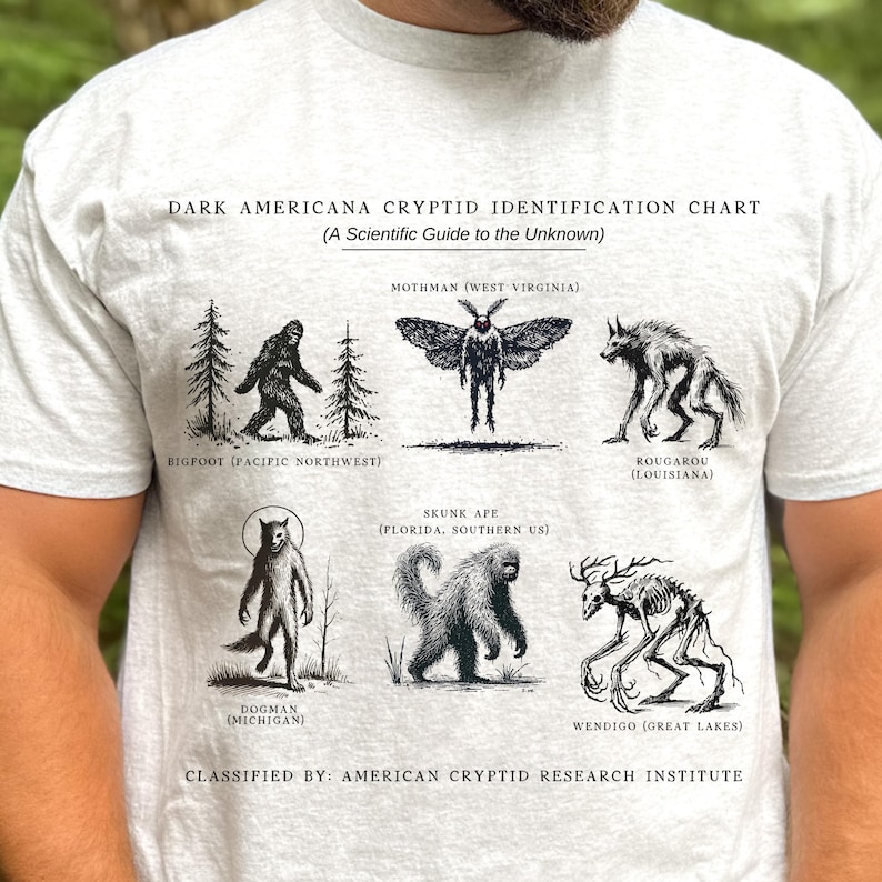 Dark Americana Cryptid Identification Chart T-shirt | Paranormal ...