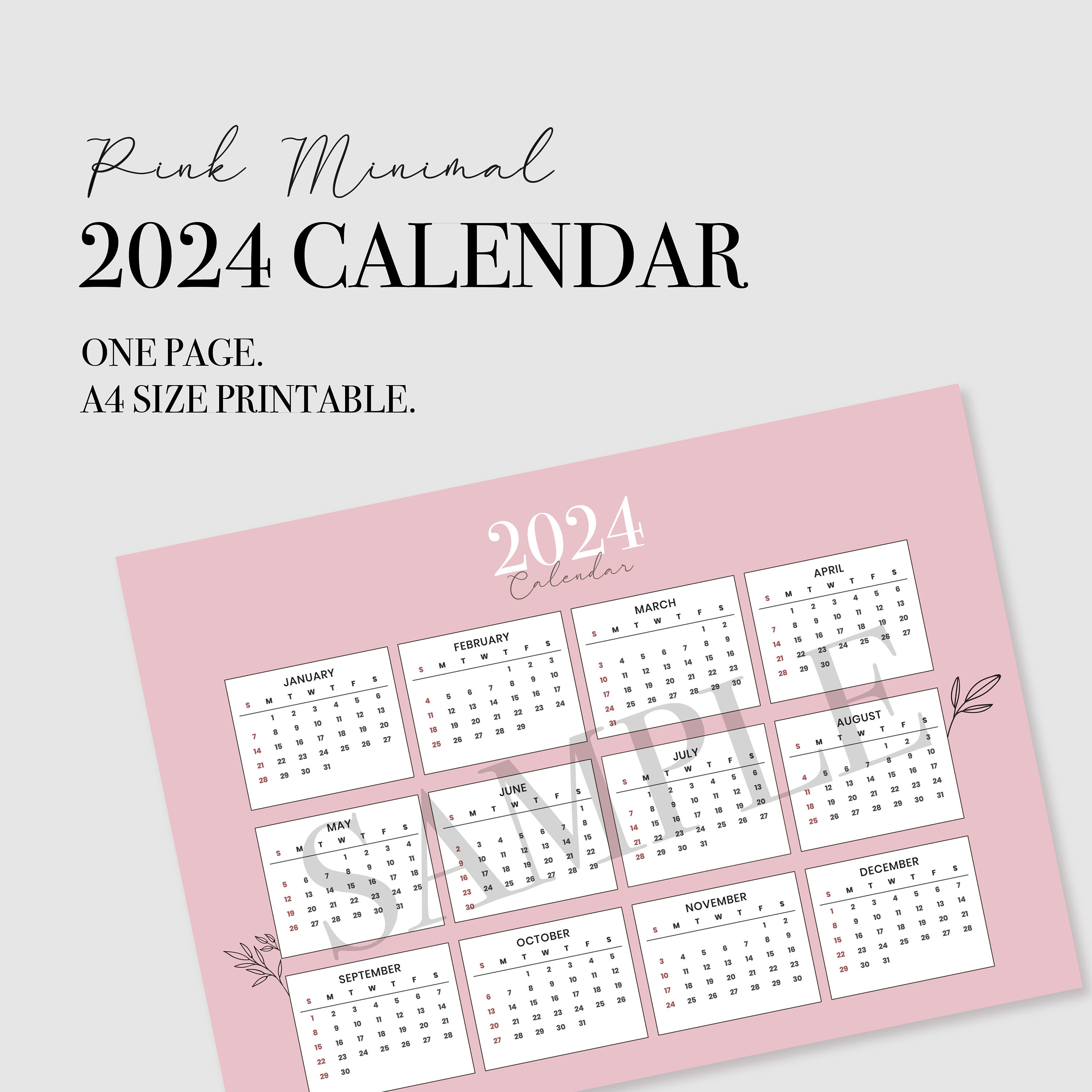 Printable Calendar 2024 One Page Pink Minimal - Etsy