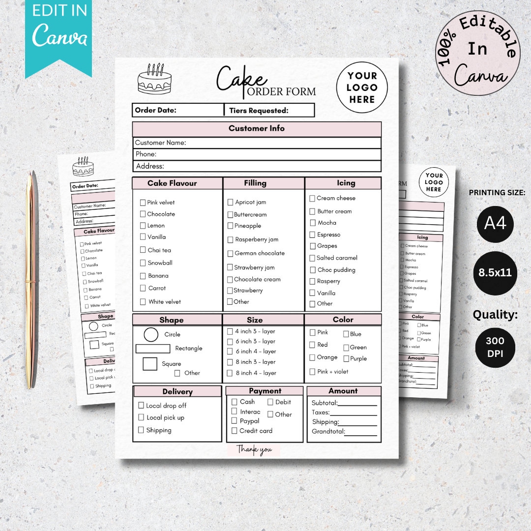 Cake Order Form Template, Editable Custom Order Form, DIY Cake Order ...