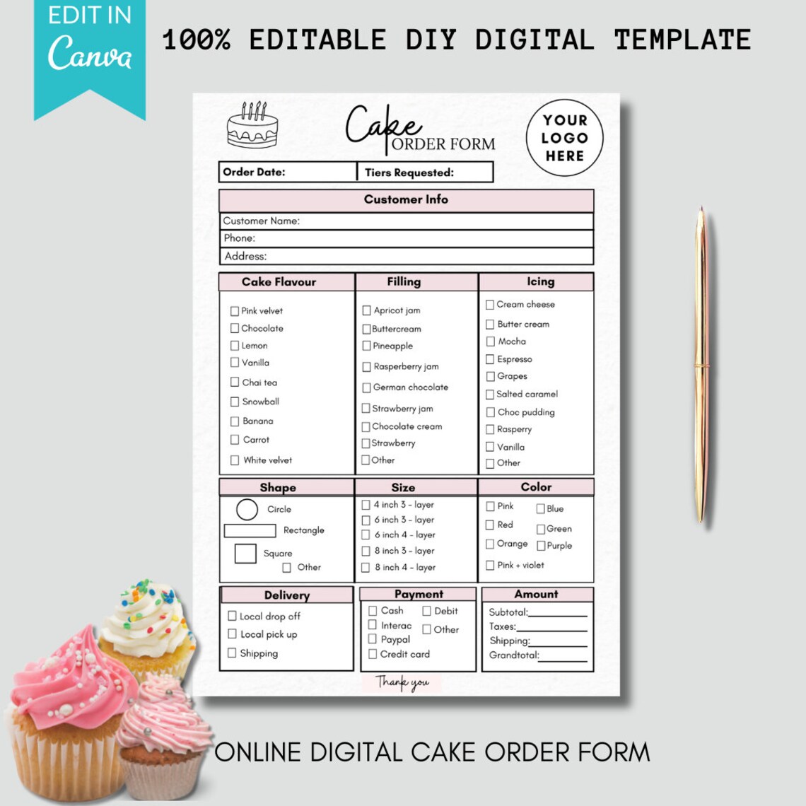 Cake Order Form Template, Editable Custom Order Form, DIY Cake Order ...