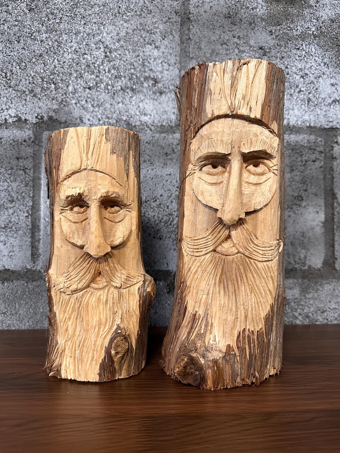 Hand Carved Wooden Tree Spirits Set of 2 Calm Contemplative Expressions ...