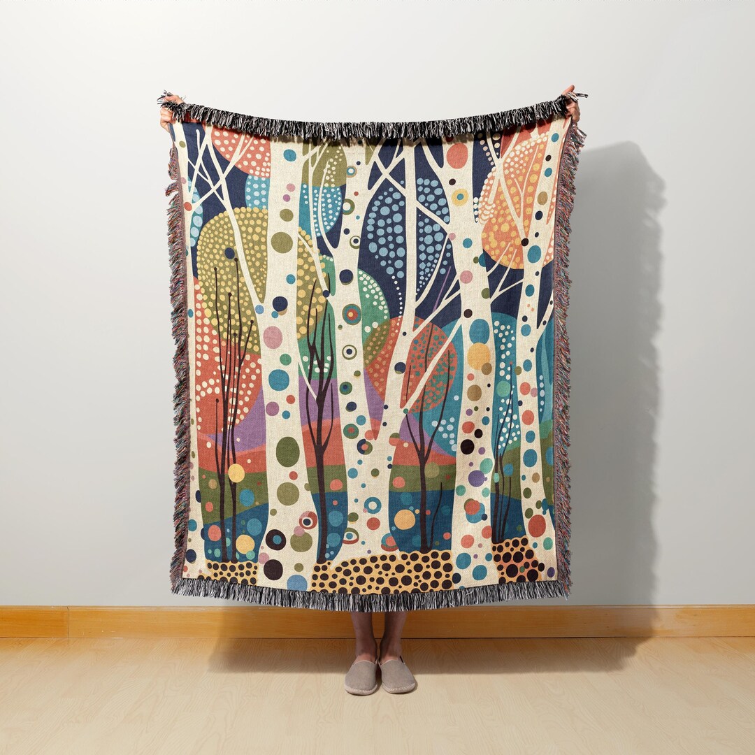 Colorful Woven Blanket Forest Pattern Throw, Woodland Tapestry Decor ...
