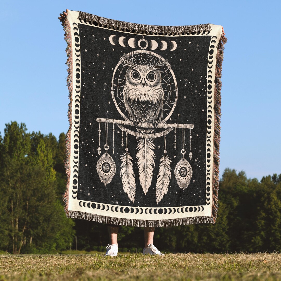 Luna OWL on Dream Catcher Woven Throw Blanket Mystical Witchy Boho ...