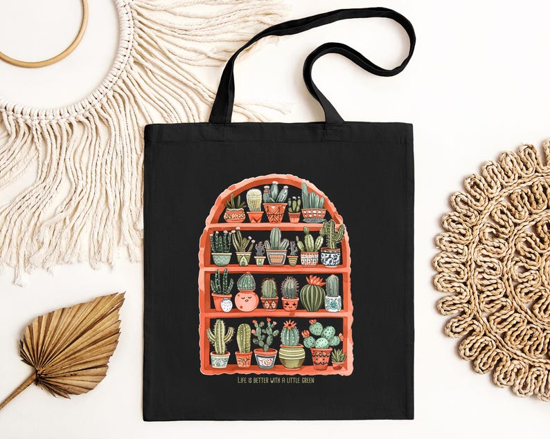 Cactus Cotton Tote Bag, Cactus Plants Pots Botanical Boho Canvas ...