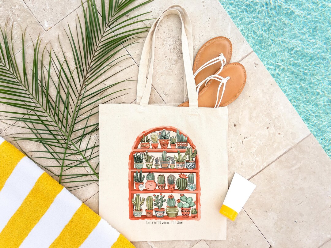 Cactus Cotton Tote Bag, Cactus Plants Pots Botanical Boho Canvas ...