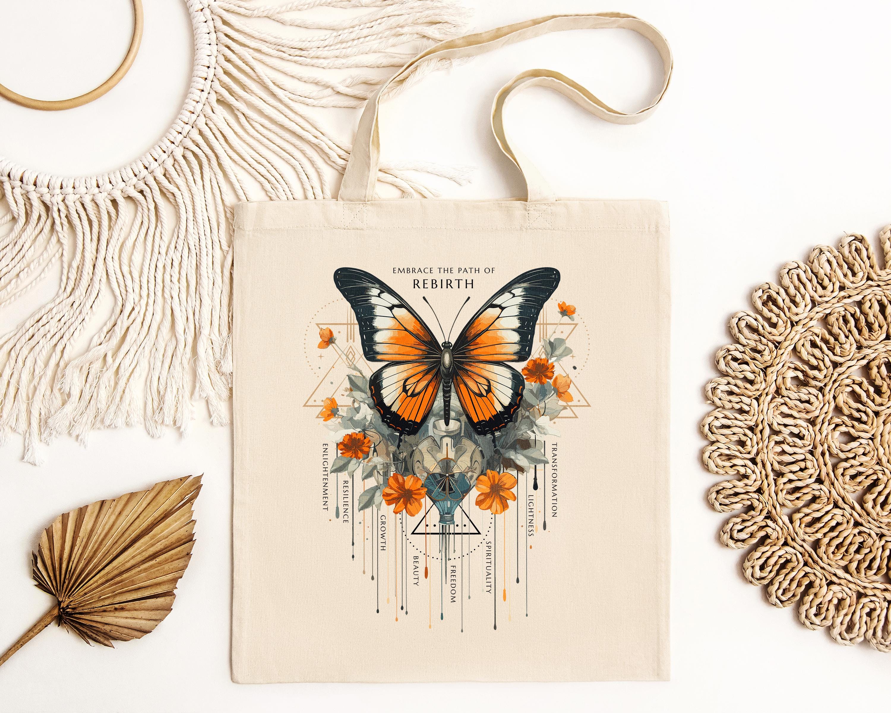 Butterfly Cotton Tote Bag, Boho Mystical Witchy Canvas Shoulder Bag ...
