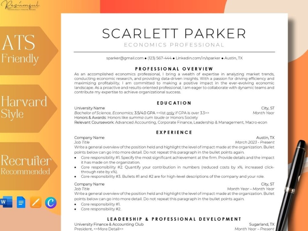 Modelo de currículo amigável ATS, modelo de currículo profissional para ...