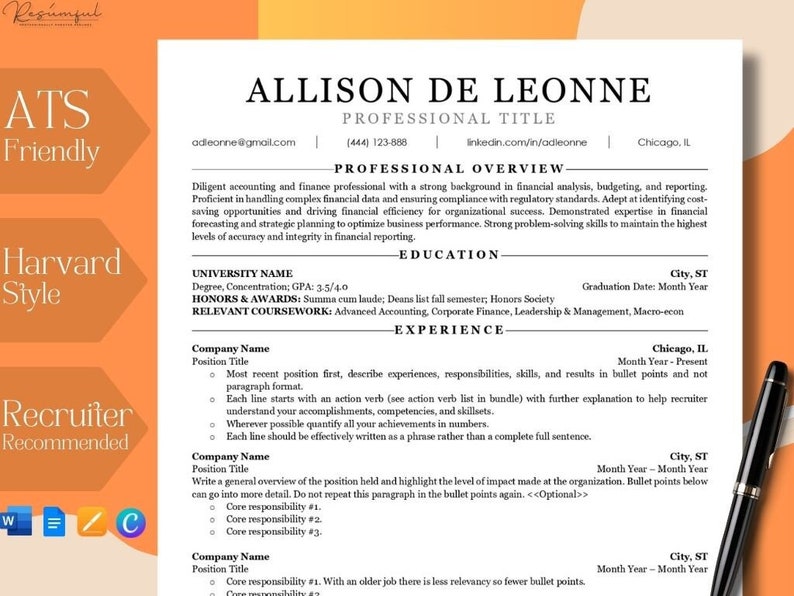 Harvard Resume Template for Microsoft, Google Docs, Apple Pages, Canva ...